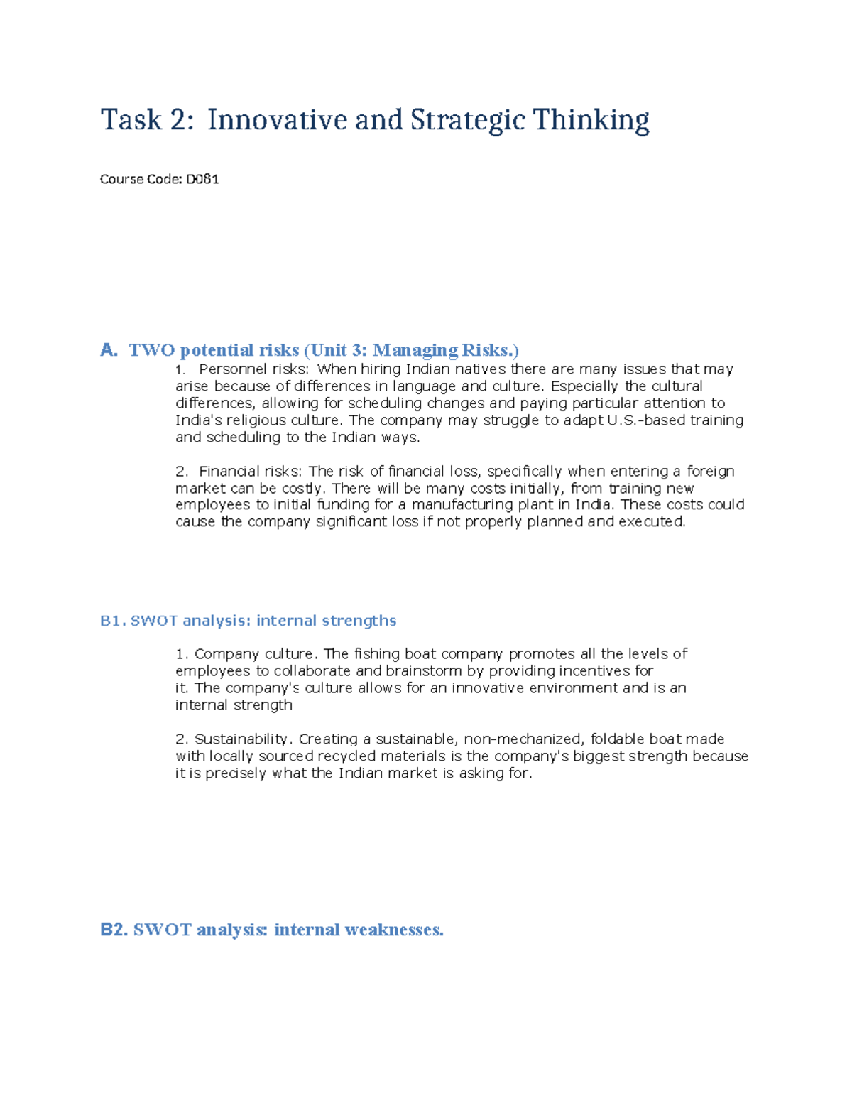 D081 Task 2 - Passed task 2 on 1st attempt - Task 2: Innovative and ...