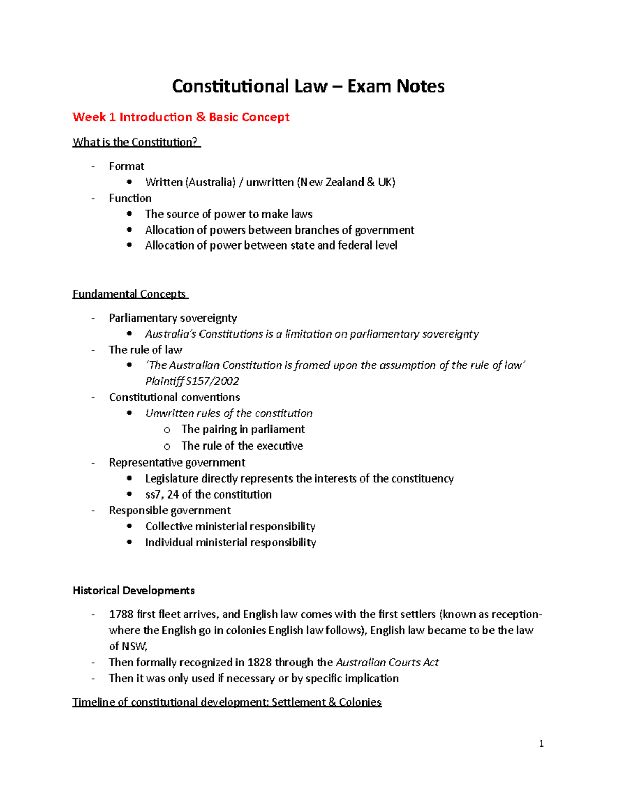 Consitutional Law - Exam Notes - LLB 280 - UOW - Studocu