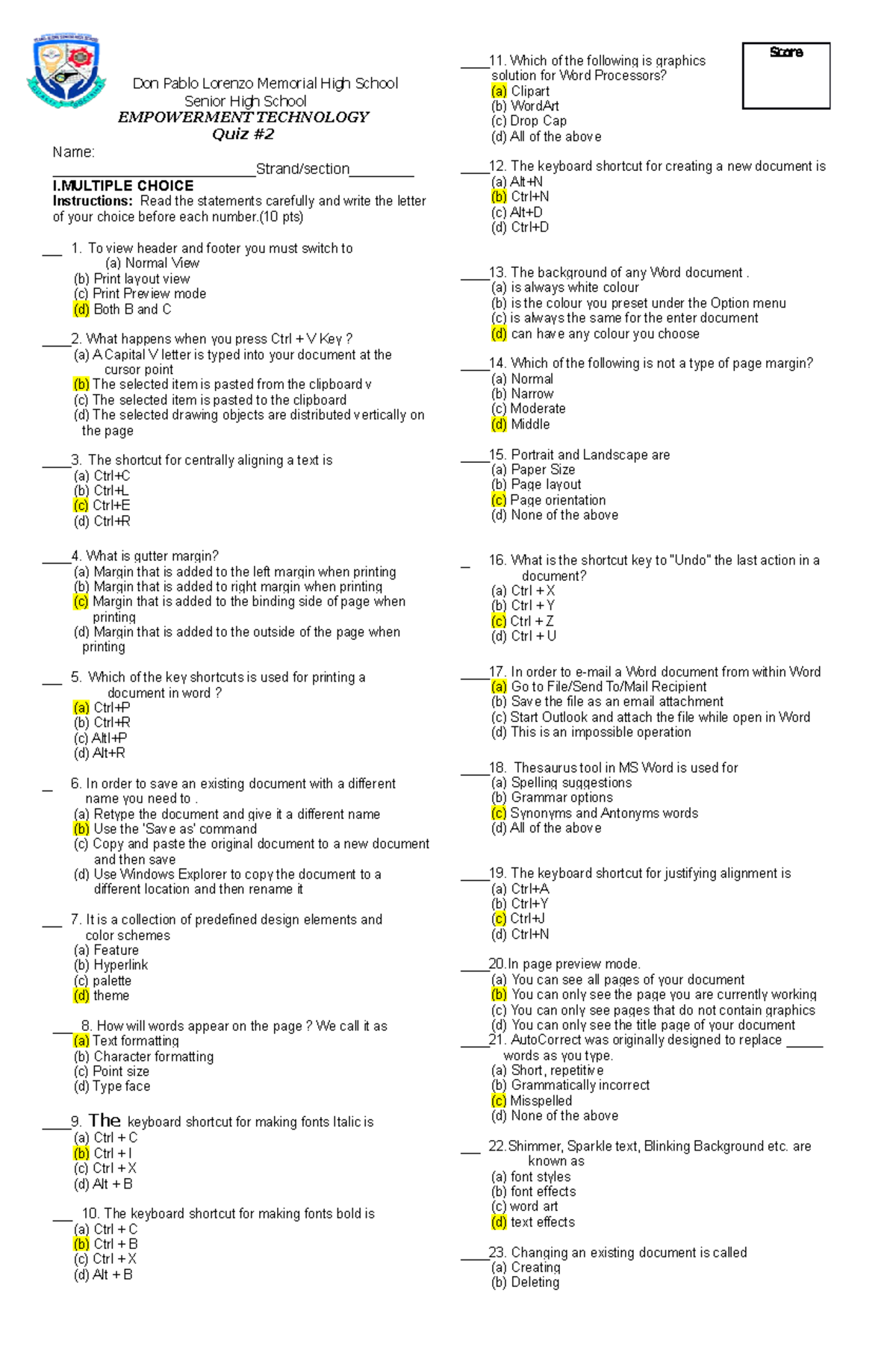 Emp. Tech. Quiz #2 - lessons - Don Pablo Lorenzo Memorial High School Senior High School ...