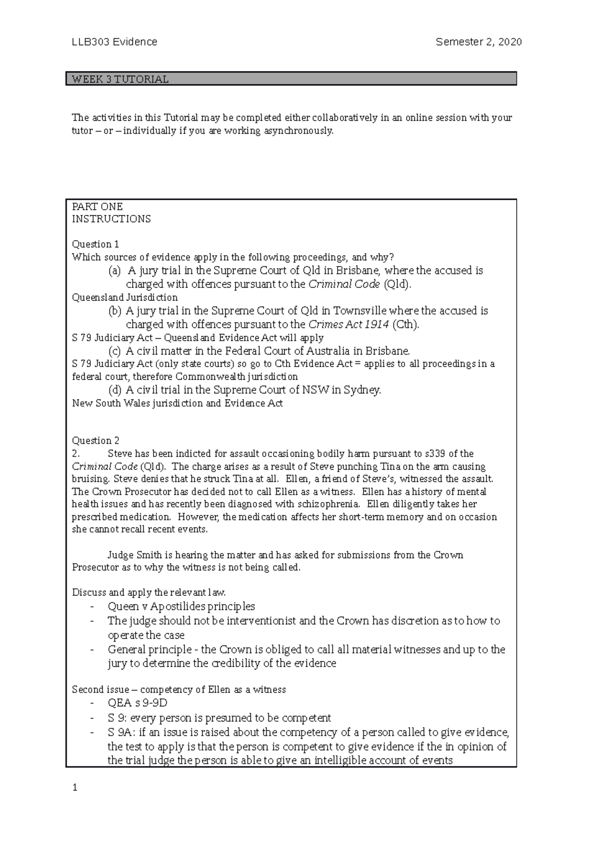 LLB303 Evidence Tutorials - WEEK 3 TUTORIAL The activities in this ...