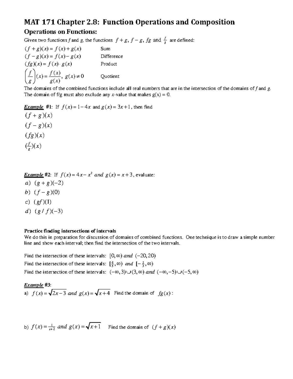 Ch 2.8 Outline - notes - MAT 171 Chapter 2: Function Operations and ...