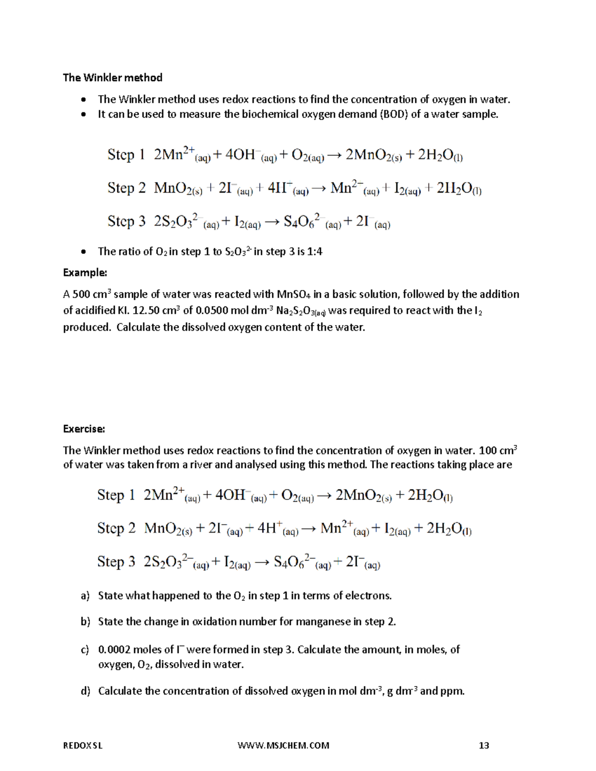 9.1 The Winkler Method - REDOX SL WWW.MSJCHEM 13 The Winkler method x The Winkler method uses ...