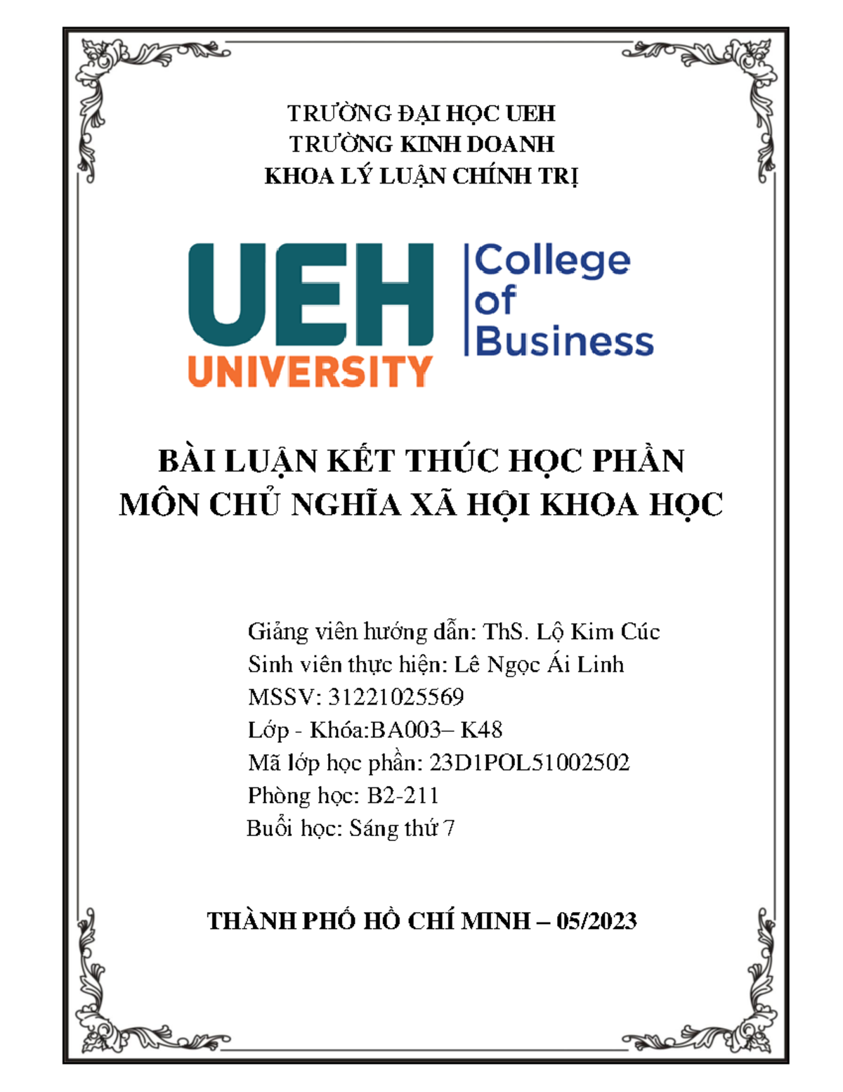 Lê Ngọc Ái Linh - 23D1POL51002502 - TRƯỜNG ĐẠI HỌC UEH TRƯỜNG KINH ...