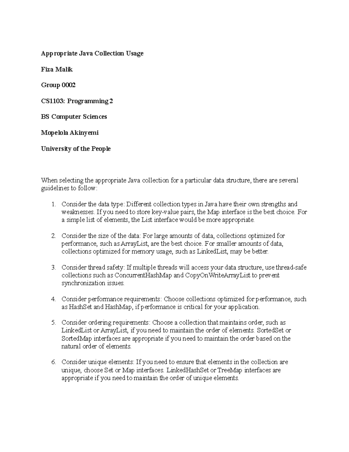 Discussion Assignment Unit 5 - Appropriate Java Collection Usage Fiza ... Discussion Assignment Unit 5 - Appropriate Java Collection Usage Fiza ...