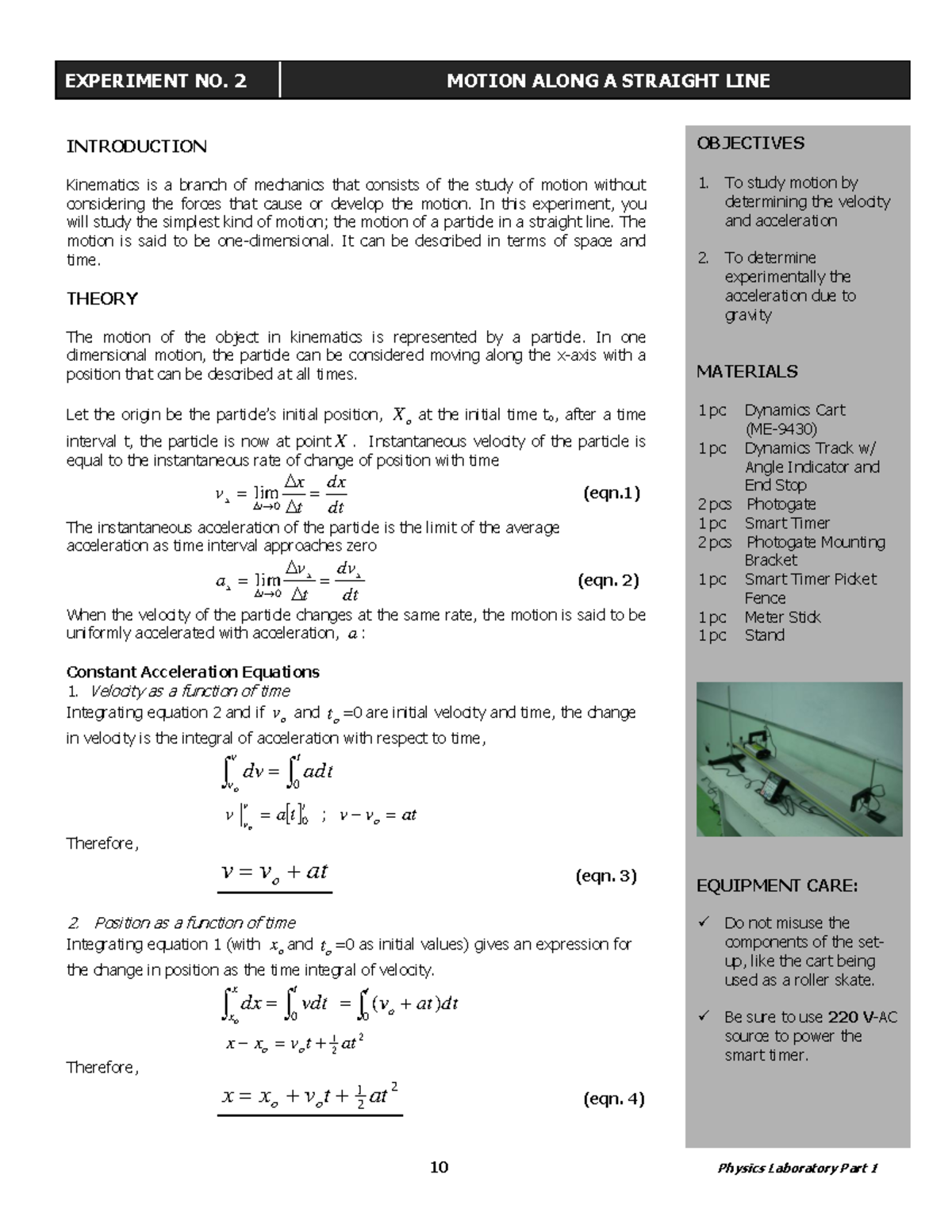 E2 - motion along a straight line - EXPERIMENT NO. 2 MOTION ALONG A ...