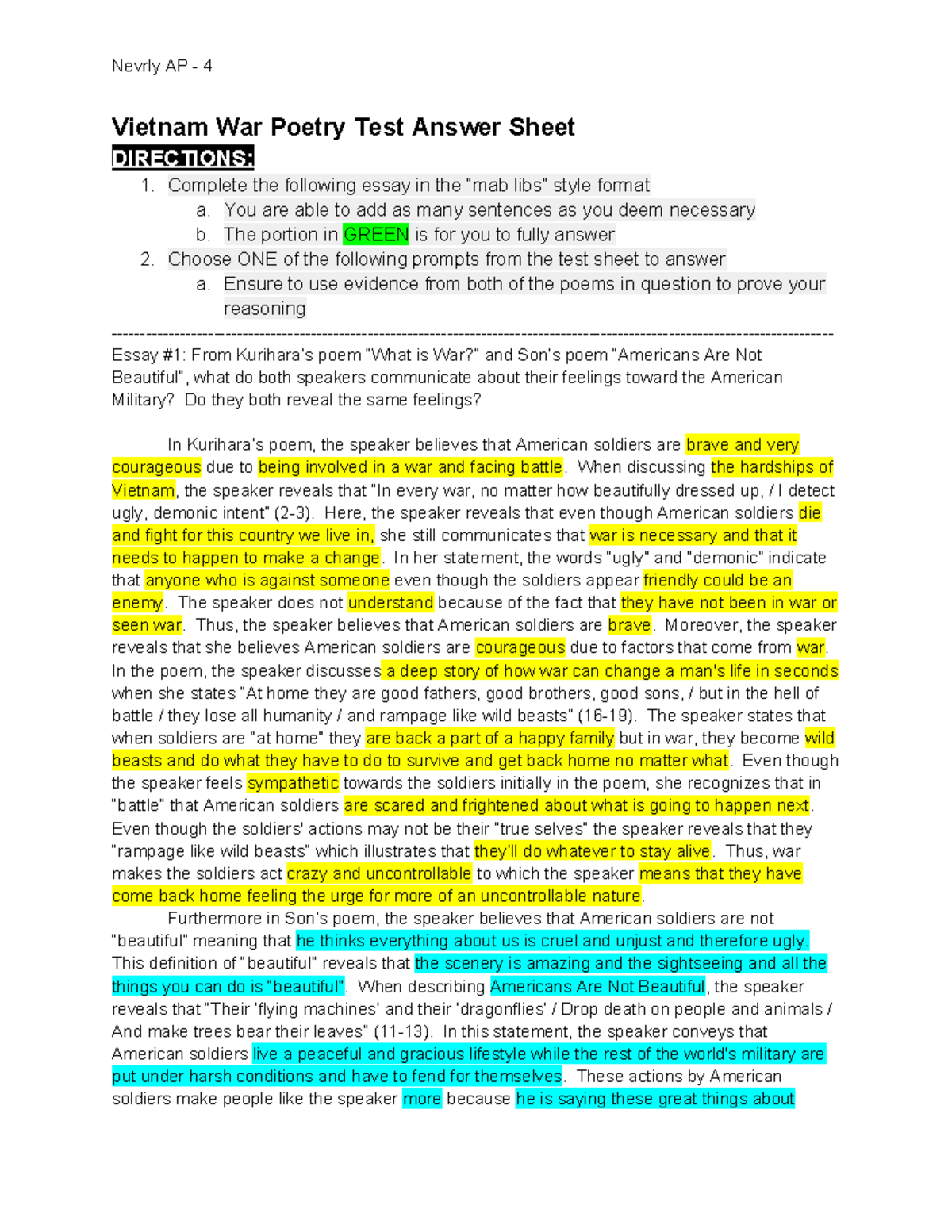 Elijah Castillo - Vietnam War Poetry Test Sheet - Nevrly AP - 4 Vietnam ...