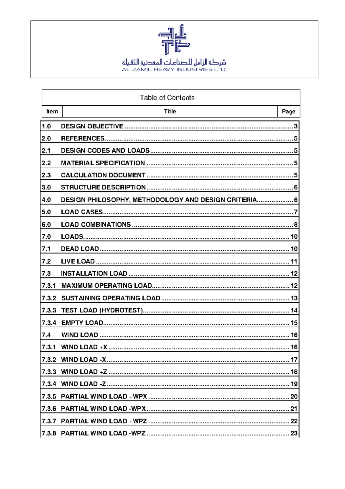Design Calculations Rev 1 - Table of Contents 1 DESIGN OBJECTIVE Item ...