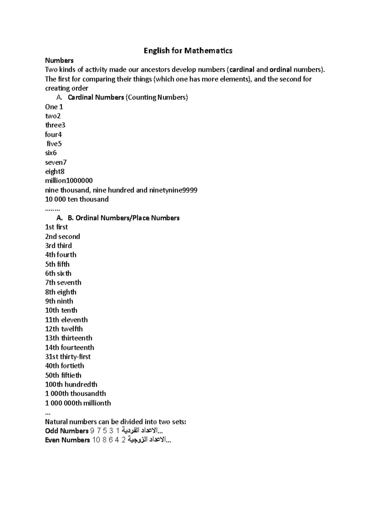 English for Mathematics - English for Mathematics Numbers Two kinds of ...