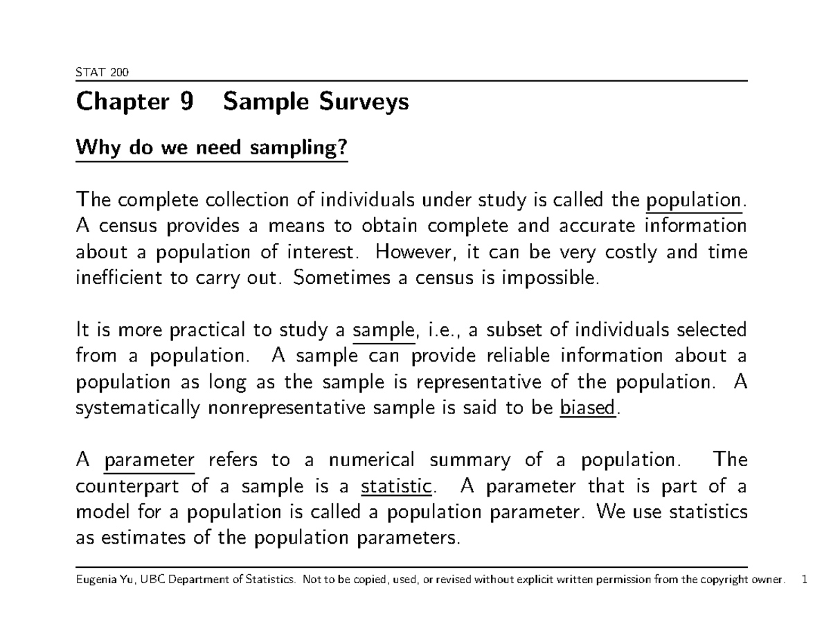 200ch9 slides - lecture notes - Chapter 9 Sample Surveys Why do we need ...