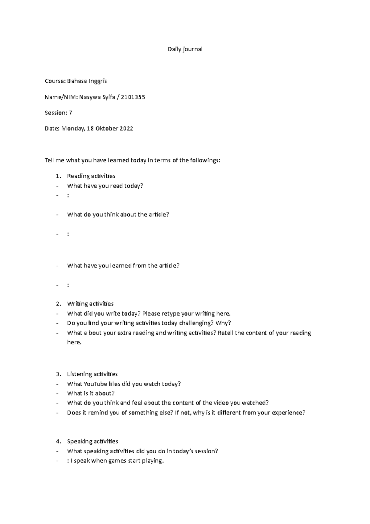 Daily journal at English Course to reflect student's understanding ...