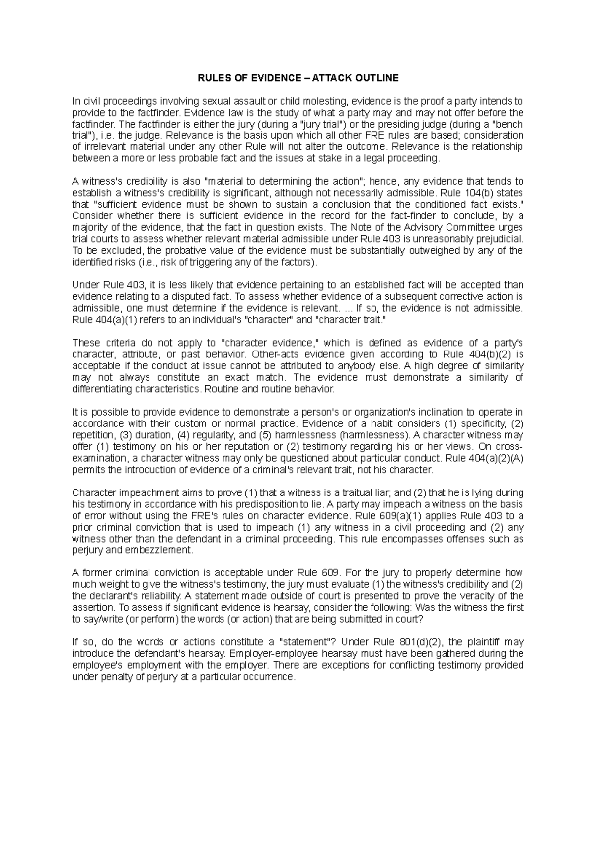 Attack Outline Evidence - RULES OF EVIDENCE – ATTACK OUTLINE In civil ...