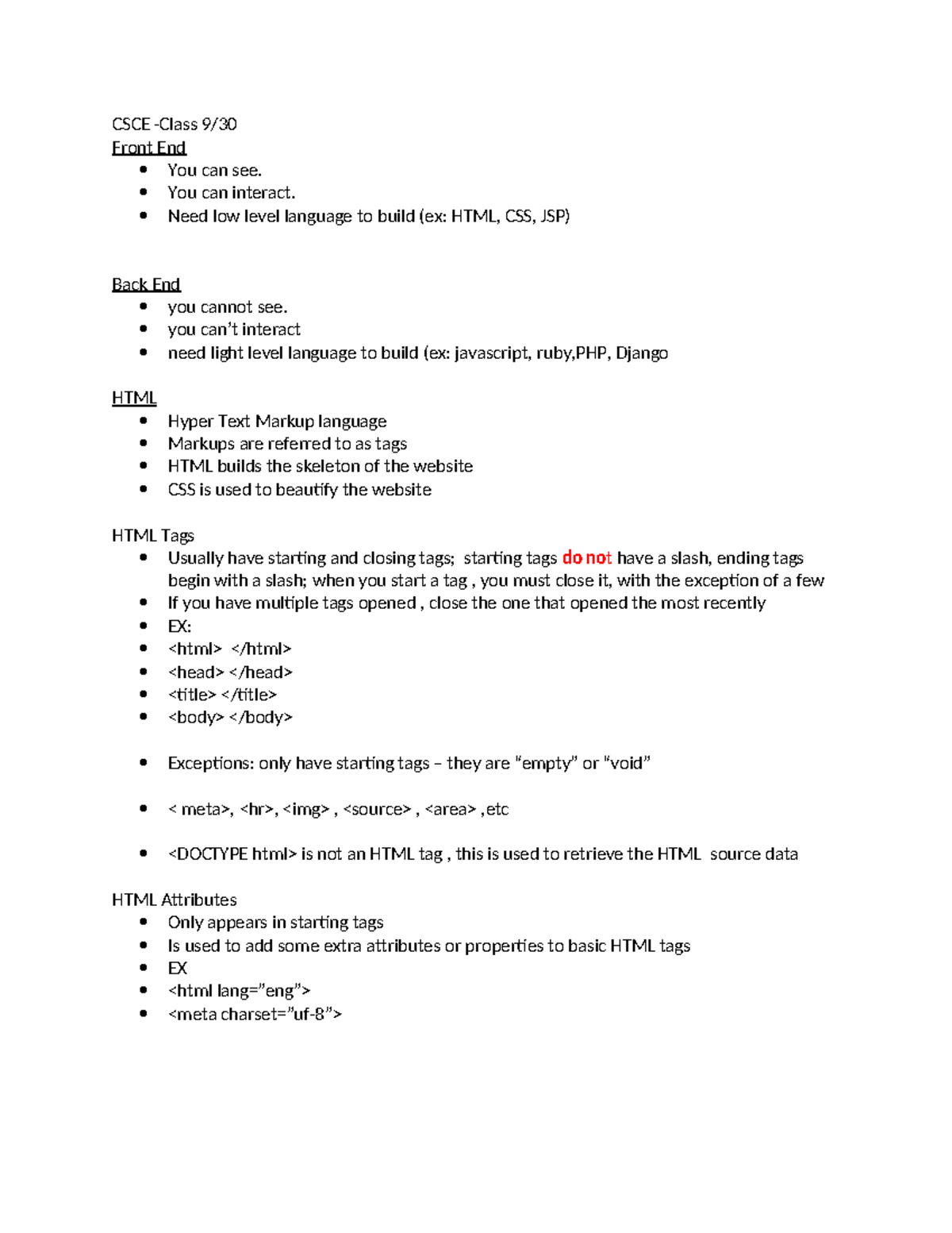 CSCE - Notes - CSCE -Class 9/ Front End You can see. You can interact ...