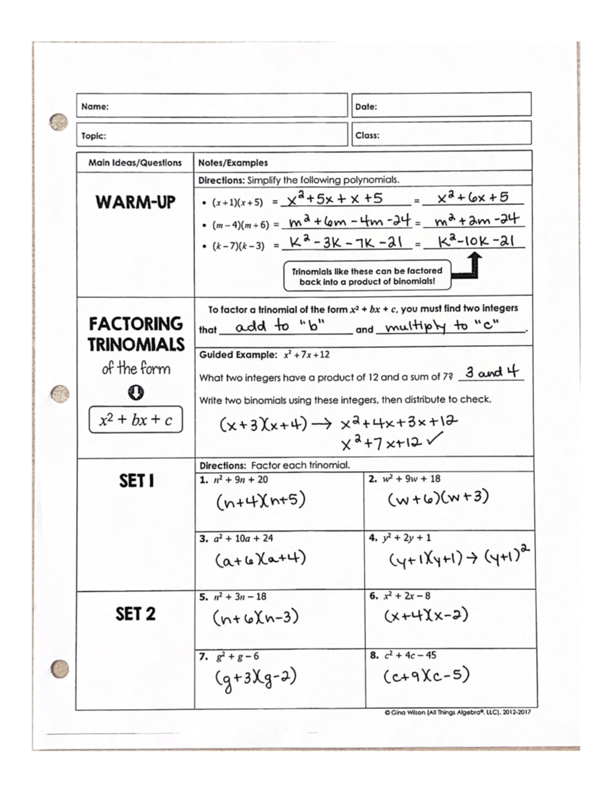 Algebra 1- Factoring Trinomials - Studocu