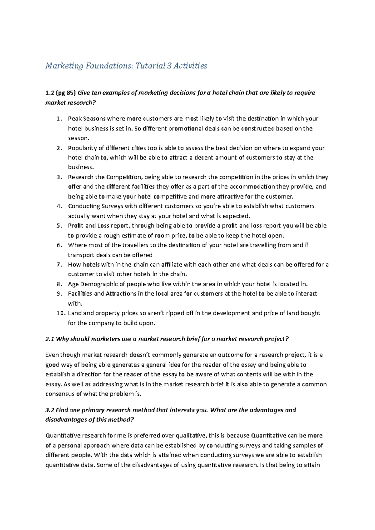 Tutorial work - 3 - With answers - Marketing Foundations: Tutorial 3 ...