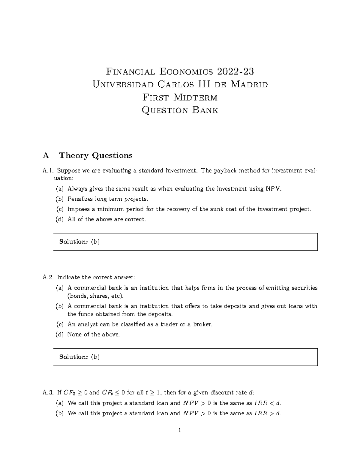 1st Midterm 2022 Question Bank With Answers - Financial Economics 2022- Universidad Carlos III ...
