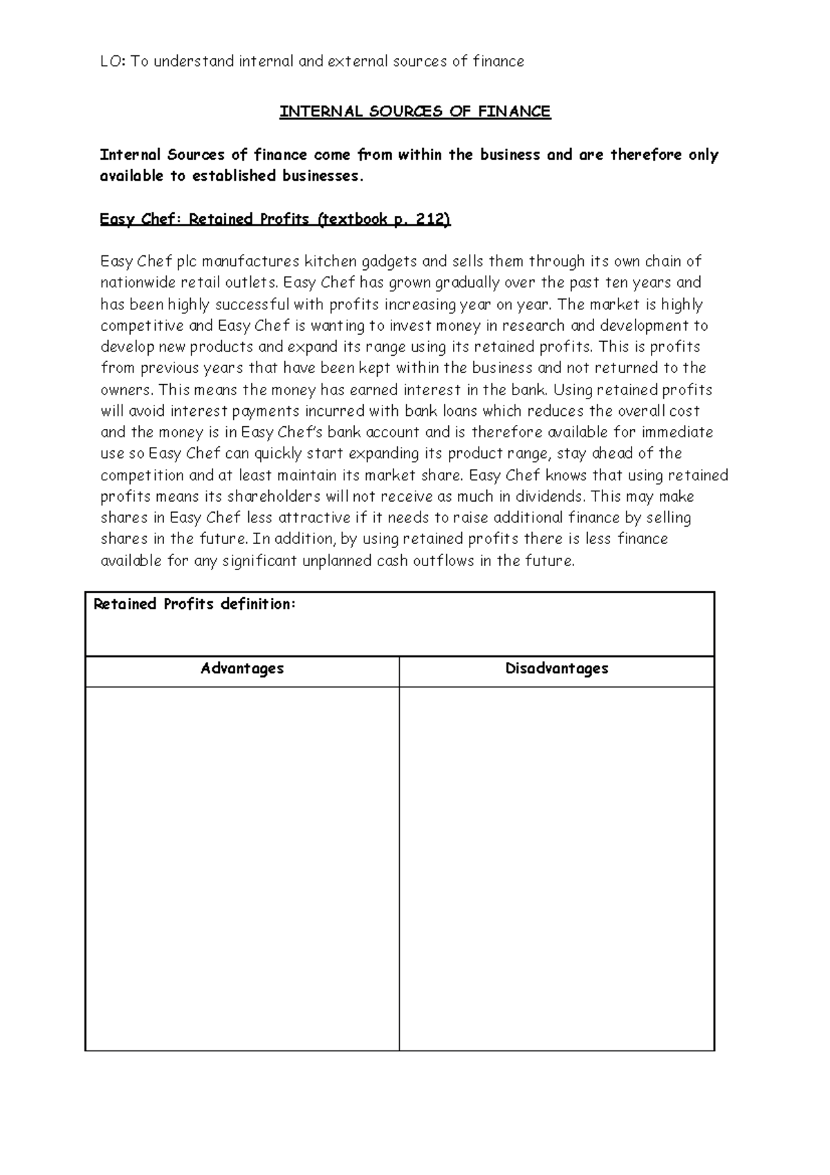 01 Internal Sources of Finance Task - LO: To understand internal and ...