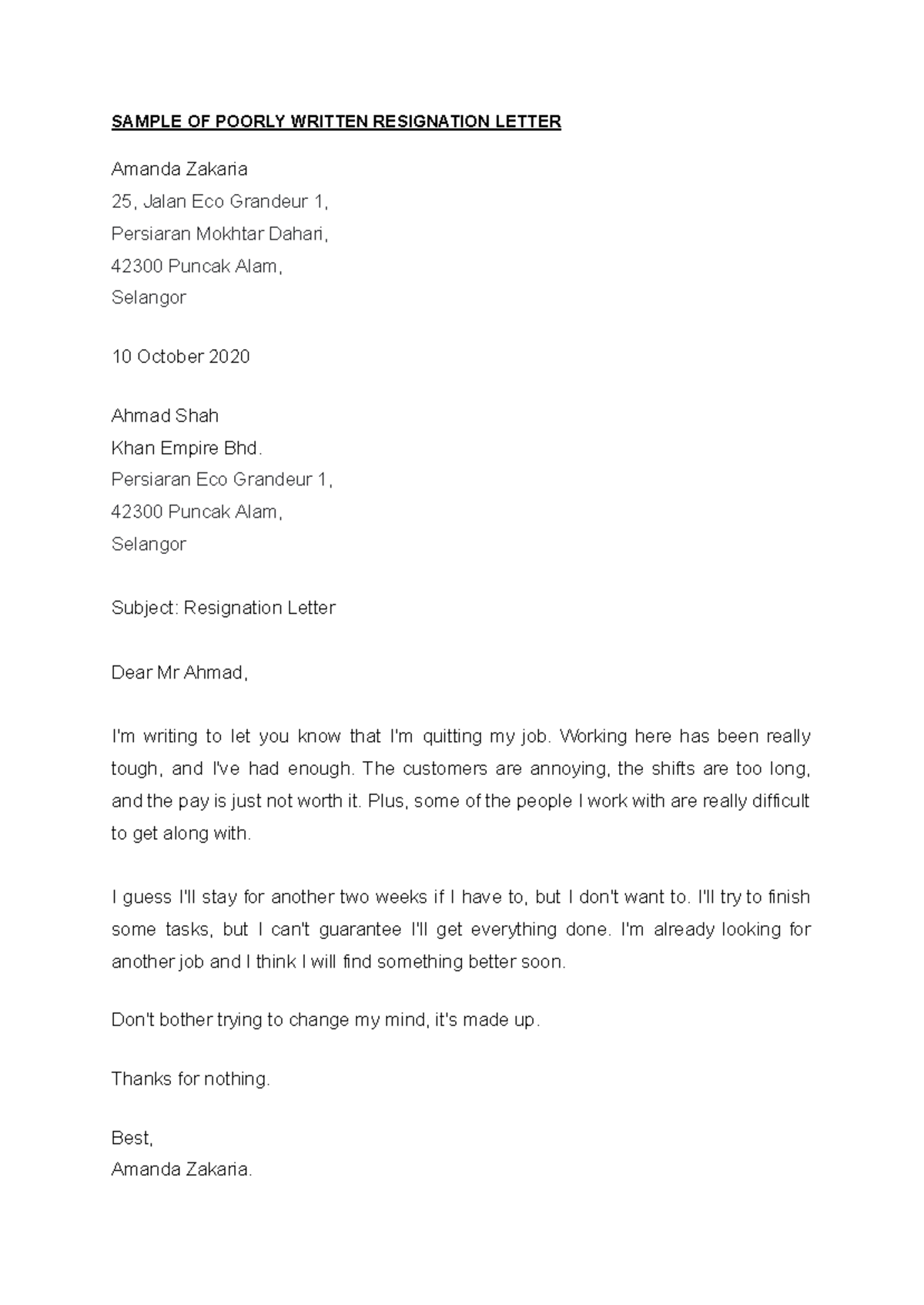 Poorly Written Resignation Letter 2 - SAMPLE OF POORLY WRITTEN ...