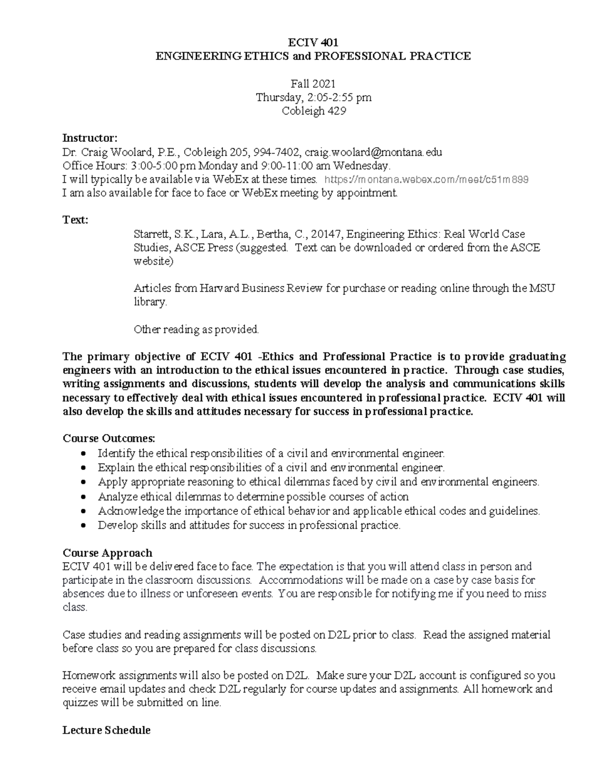 Syllabus ECIV 401 Fall 2021 8-25-21 - ECIV 401 ENGINEERING ETHICS and ...