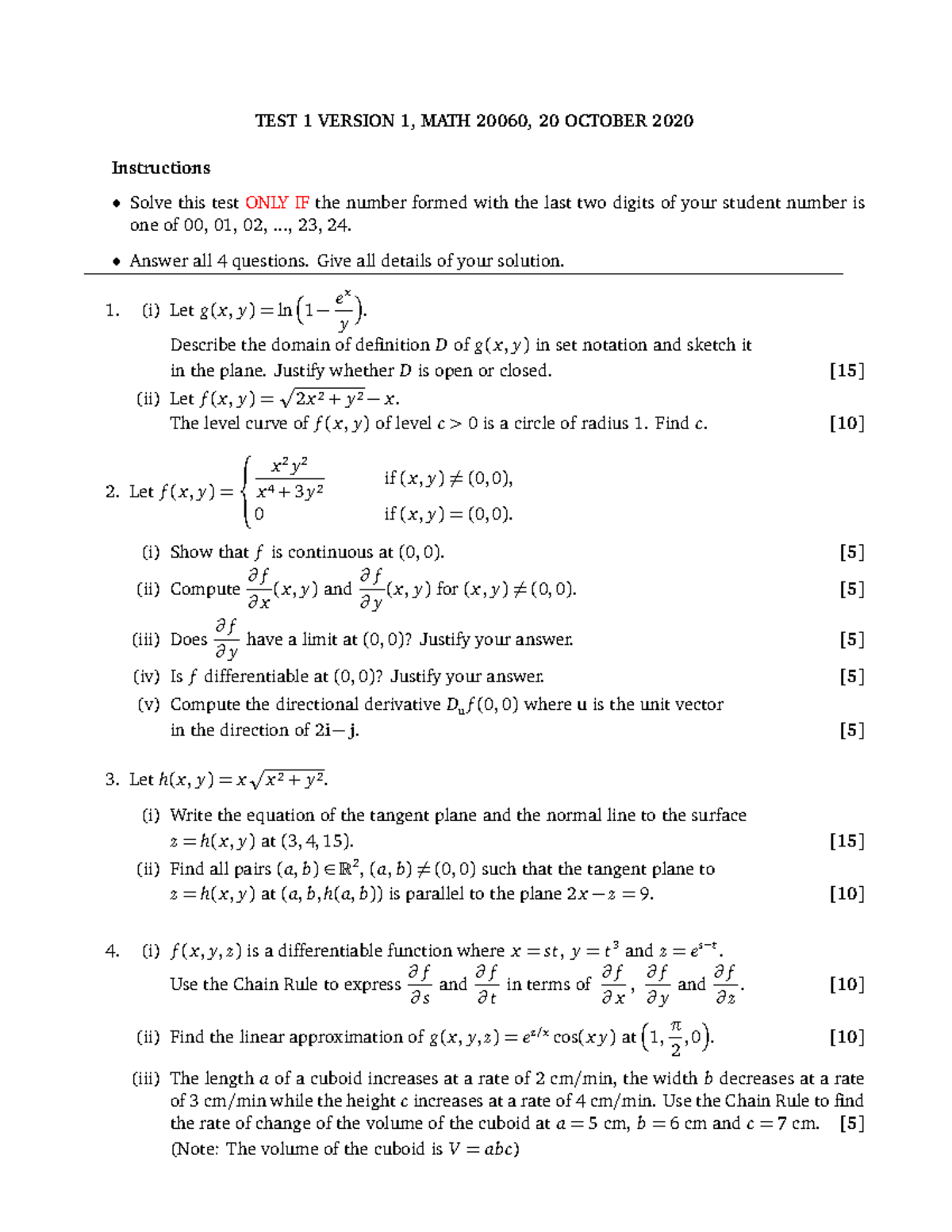 Example Midterm Test - TEST 1 VERSION 1, MATH 20060, 20 OCTOBER 2020 ...