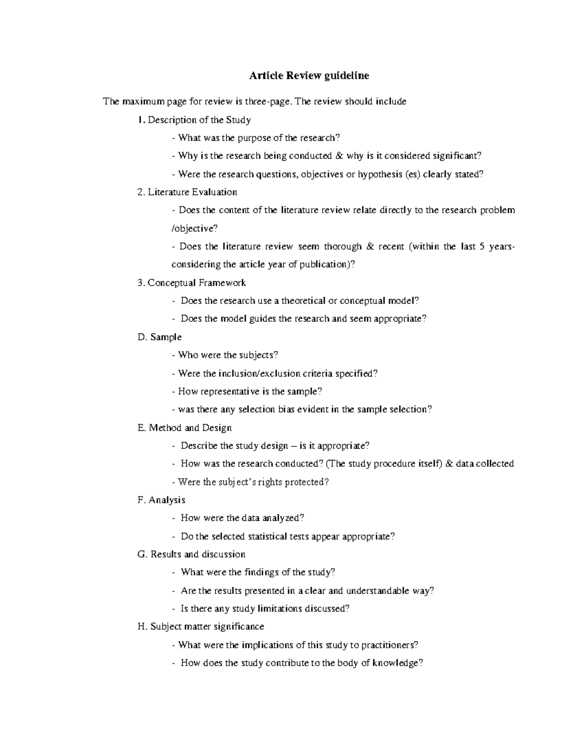 Article Review guideline - The review should include 1. Description of ...