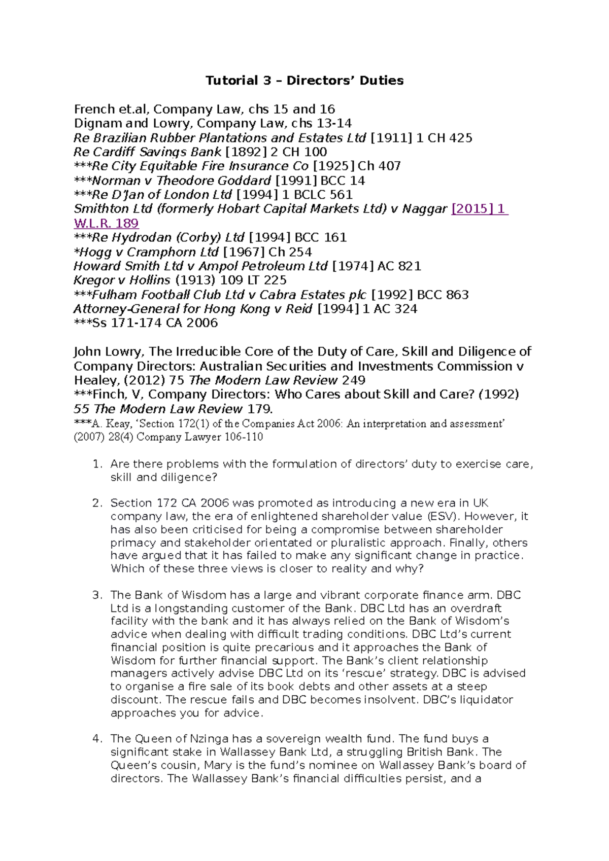 Directors' Duties Tutorial 3 - Tutorial 3 – Directors’ Duties French et ...