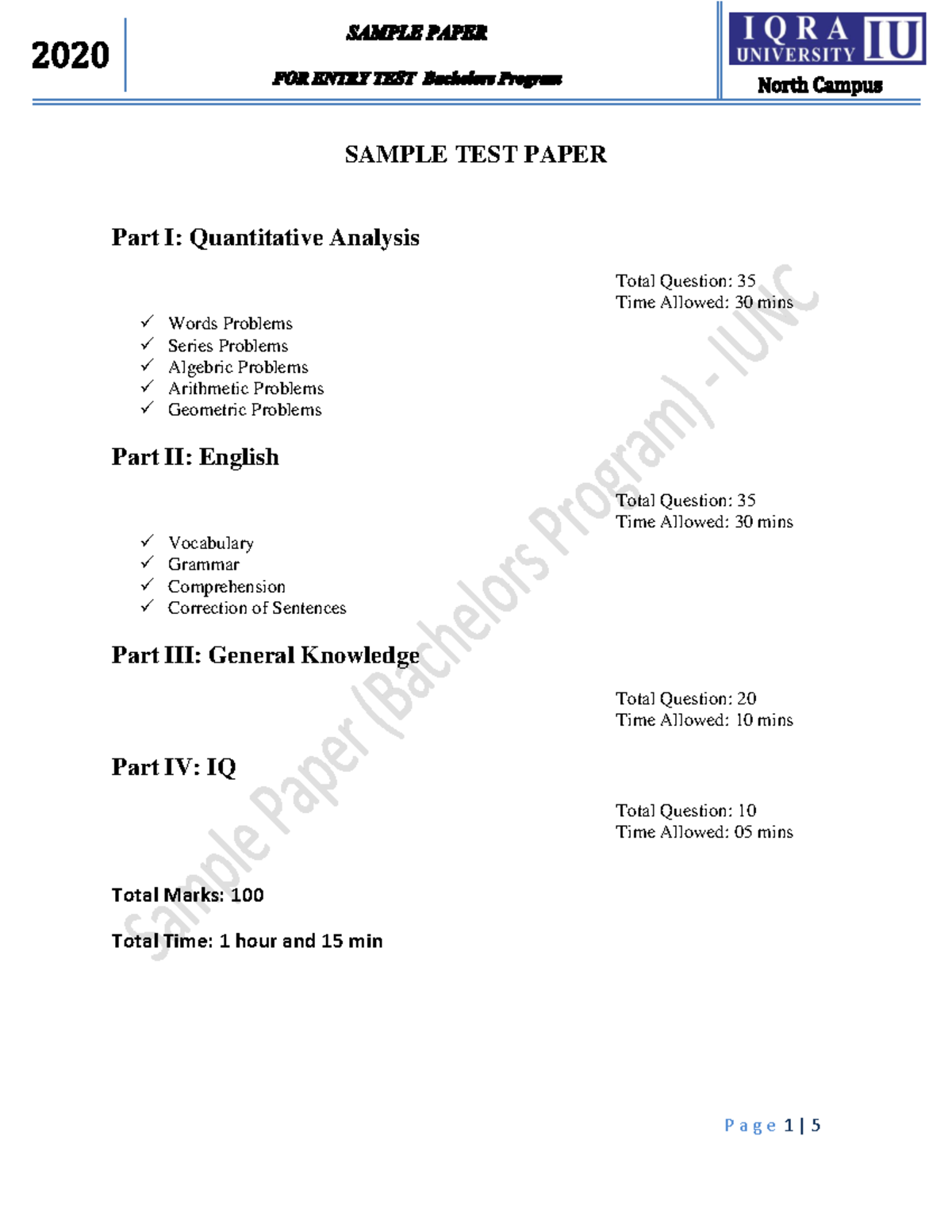 Sample TEST Paper Bachelors Program - SAMPLE TEST PAPER Part I ...