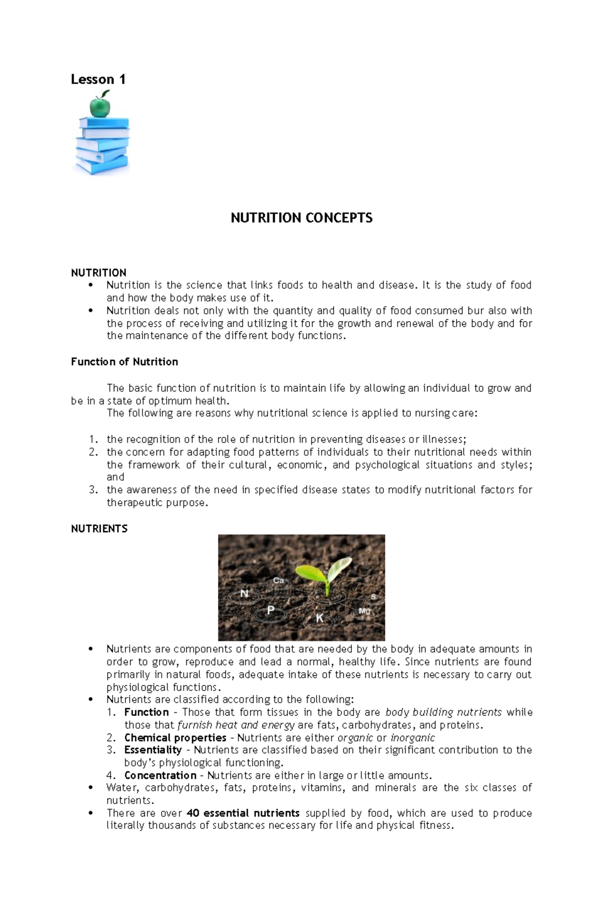 M1 Lesson 1 - .... - Lesson 1 NUTRITION CONCEPTS NUTRITION Nutrition is ...