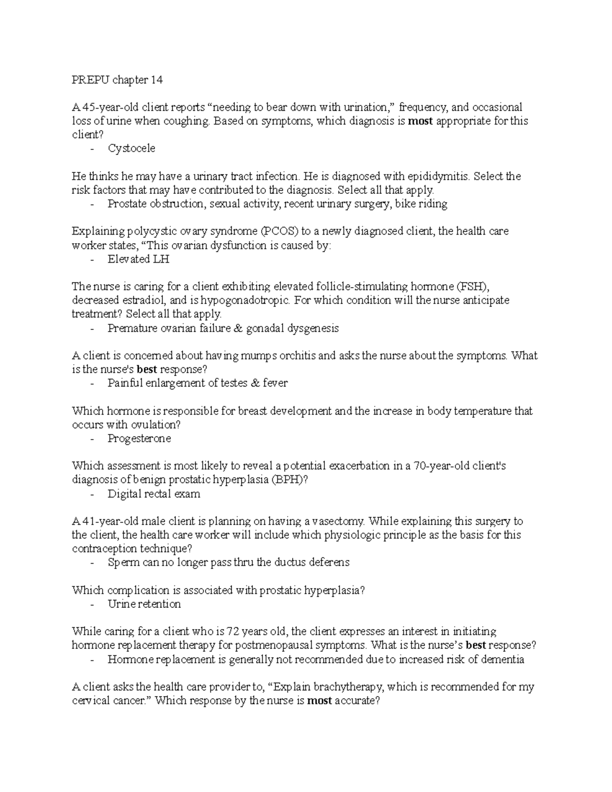 Prepu chapter 14 - PREPU chapter 14 A 45-year-old client reports ...