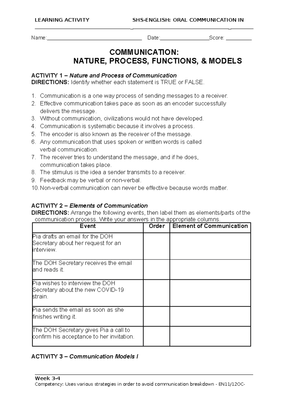 Oral Communication Q3 Learning activity sheet - LEARNING ACTIVITY SHS ...