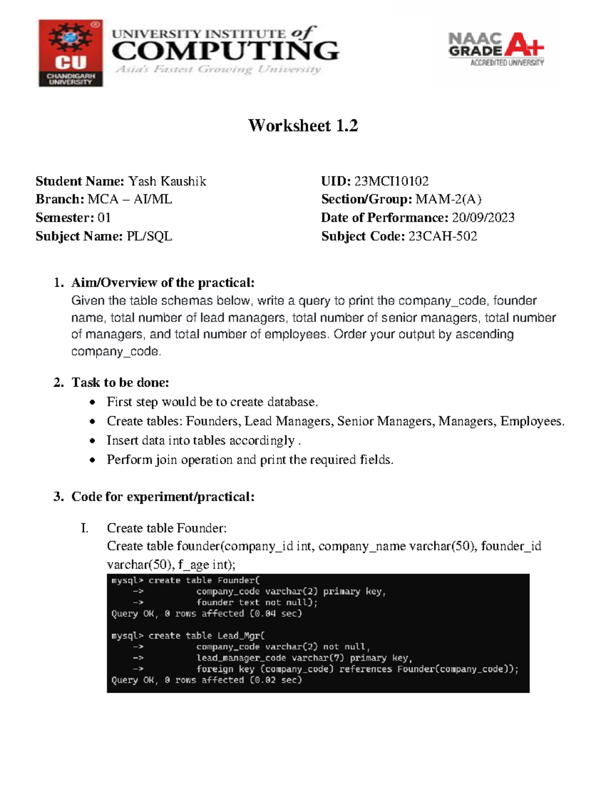 Exp2 sql(10102) - sql - Worksheet 1. 2 Student Name: Yash Kaushik UID ...
