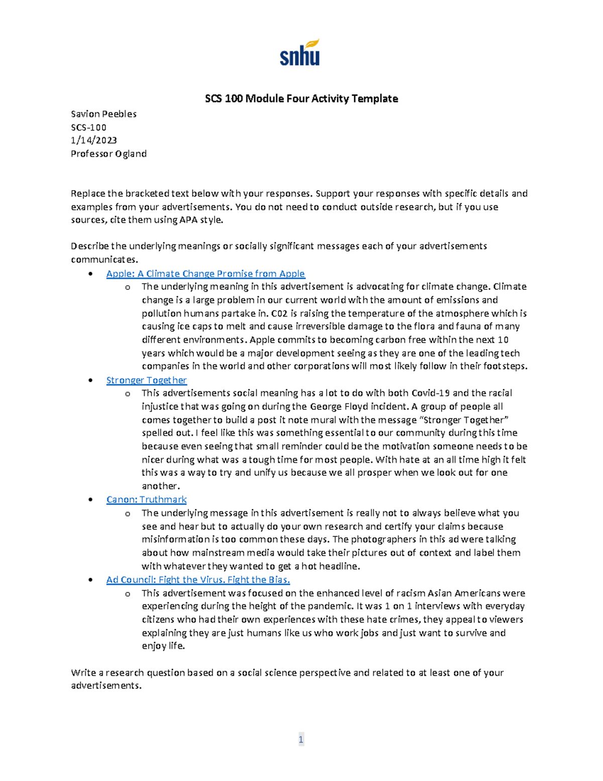 SCS 100 Module Four Activity Template Complete - 1 SCS 100 Module Four Activity Template Savion ...