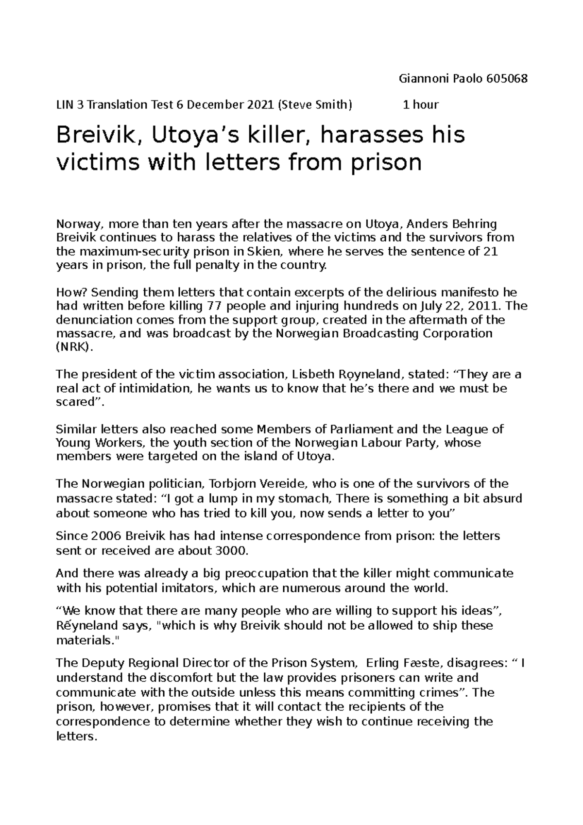 Lin 3 translation test 6 - Giannoni Paolo 605068 LIN 3 Translation Test ...