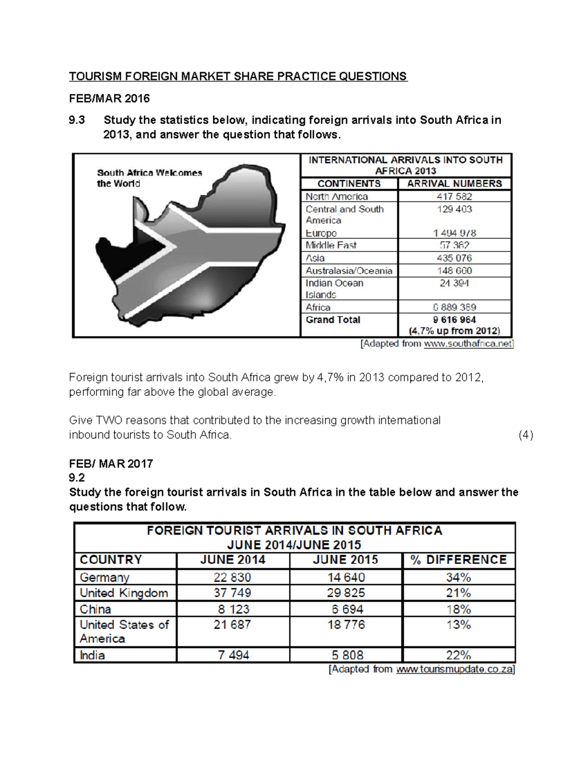 Tourism Foreign Market Share Practice Questions - TOURISM FOREIGN ...