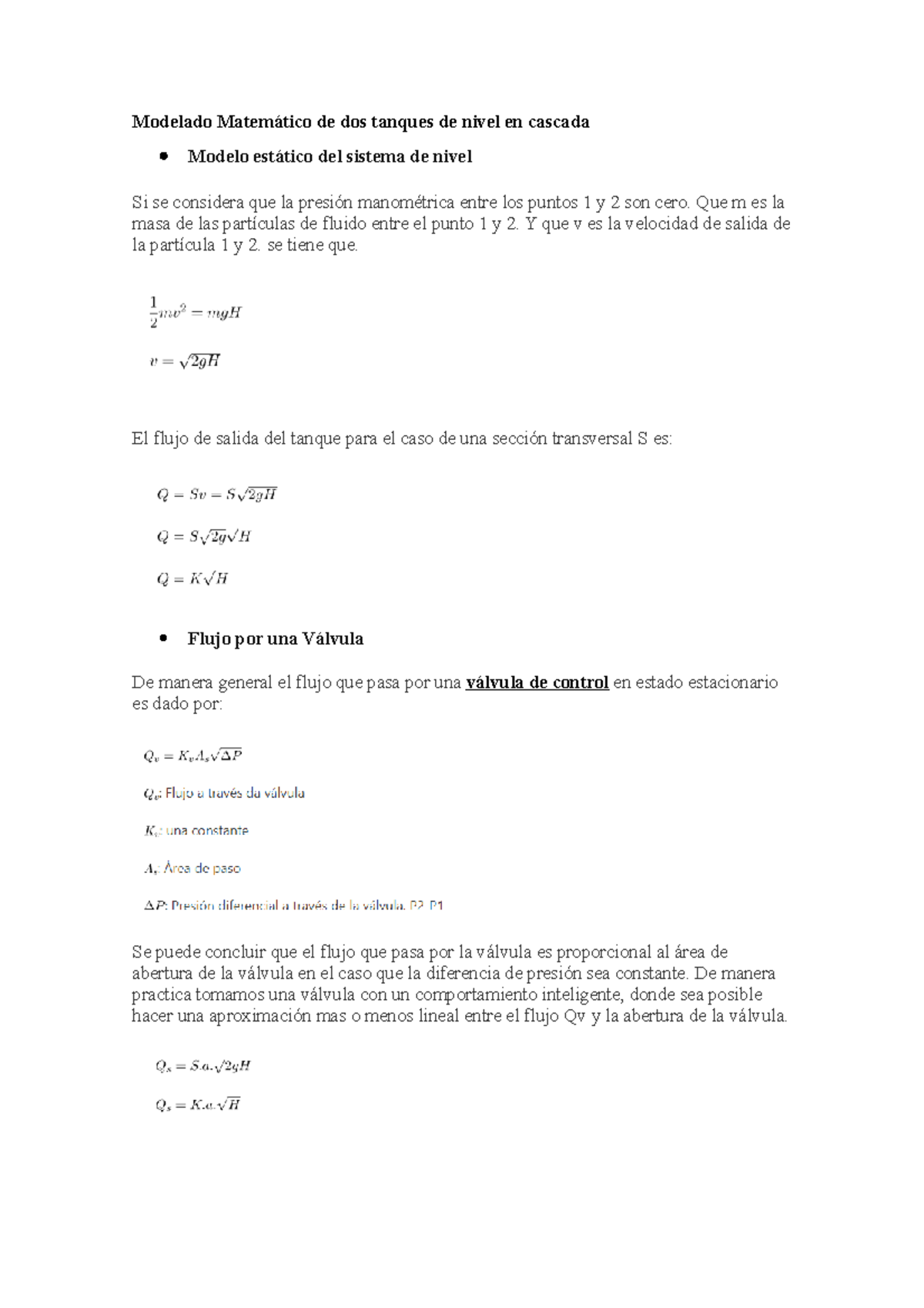 Modelado Matemático de dos tanques de nivel en cascada - Que m es la ...