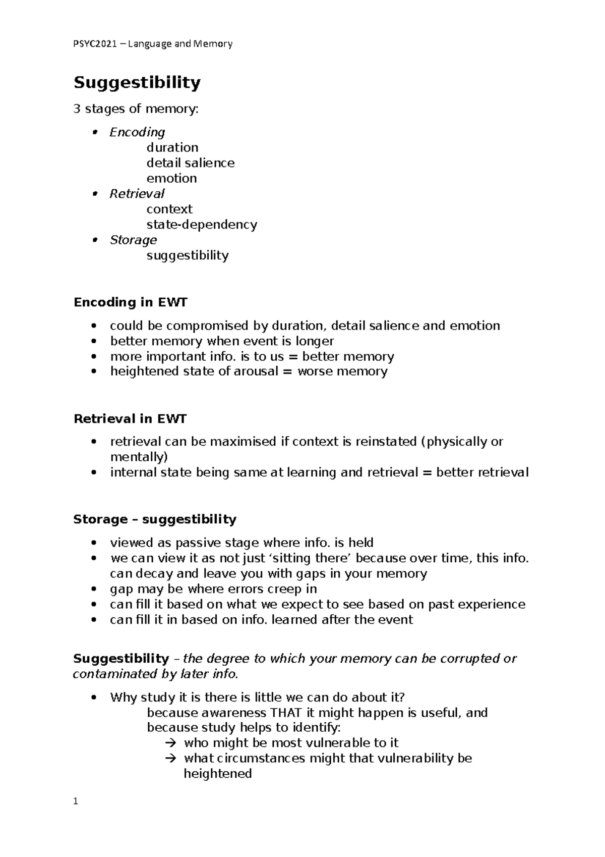 Suggestibility - week 11a - Suggestibility 3 stages of memory: Encoding ...