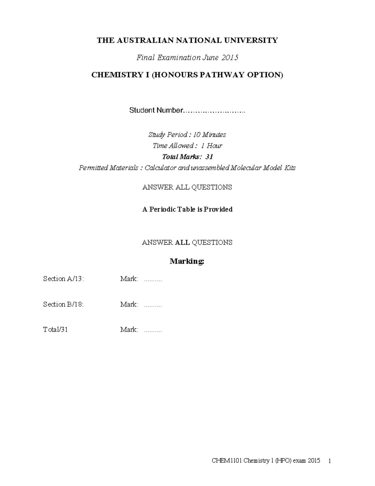 2015 HPO exam final - Australian National University past examination ...