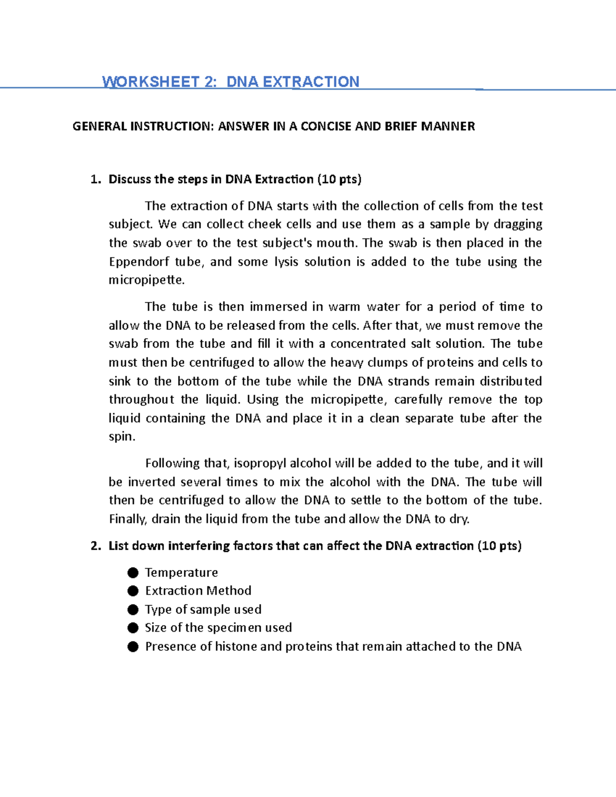 Molecular Biology Worksheet 2 - WORKSHEET 2: DNA EXTRACTION GENERAL ...