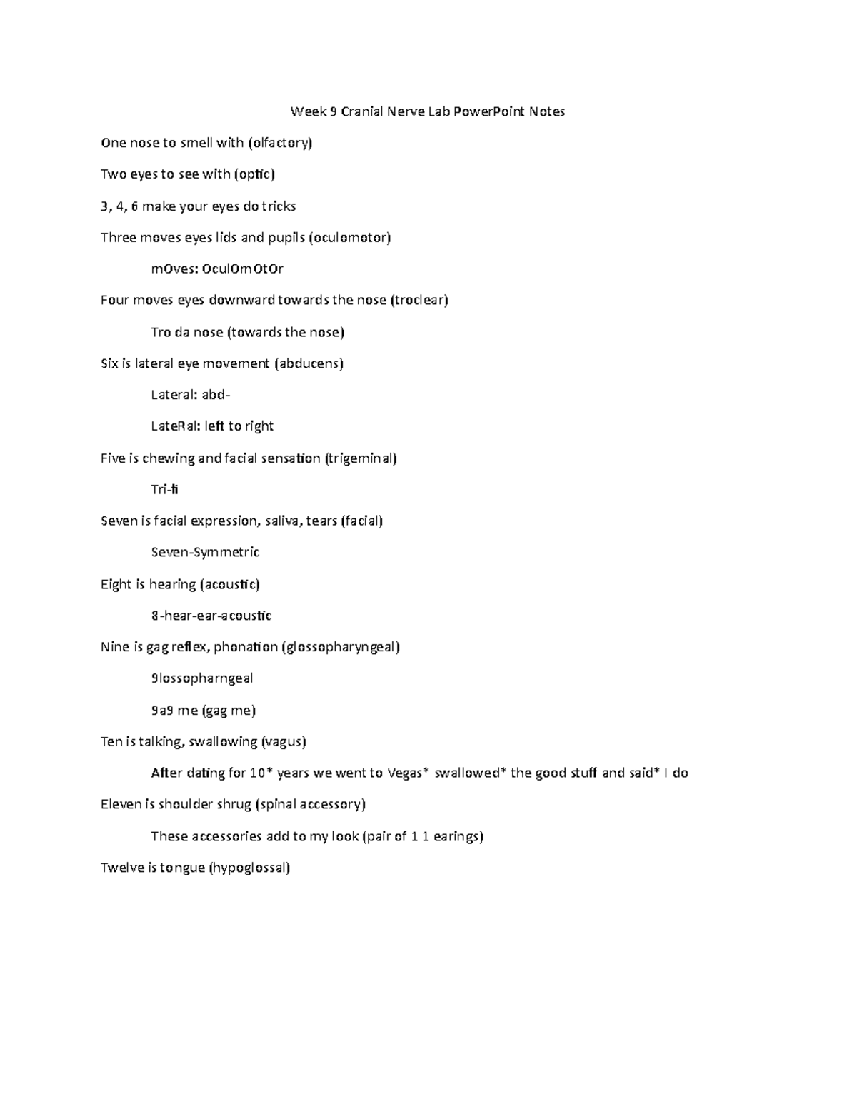 Cranial nerve ppt notes week 9 lab - Week 9 Cranial Nerve Lab ...