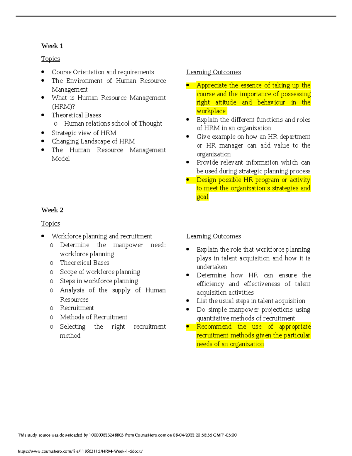 HRM Week 1 5 - Notes - Week 1 Topics Course Orientation and ...