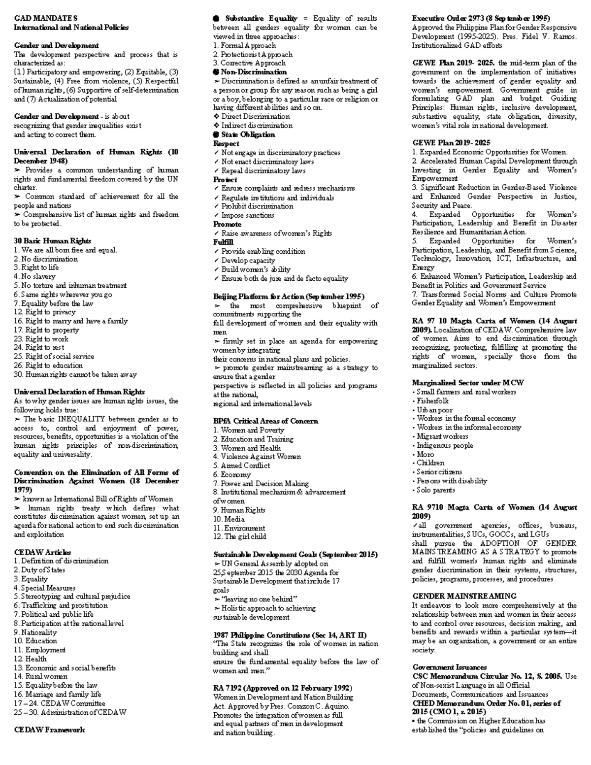 Genderdevelopment - Notes - GAD MANDATES International and National ...