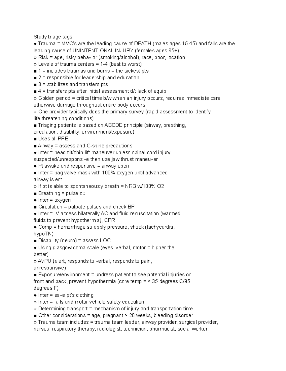 445 EXAM 4 - review - Study triage tags Trauma = MVC’s are the leading ...