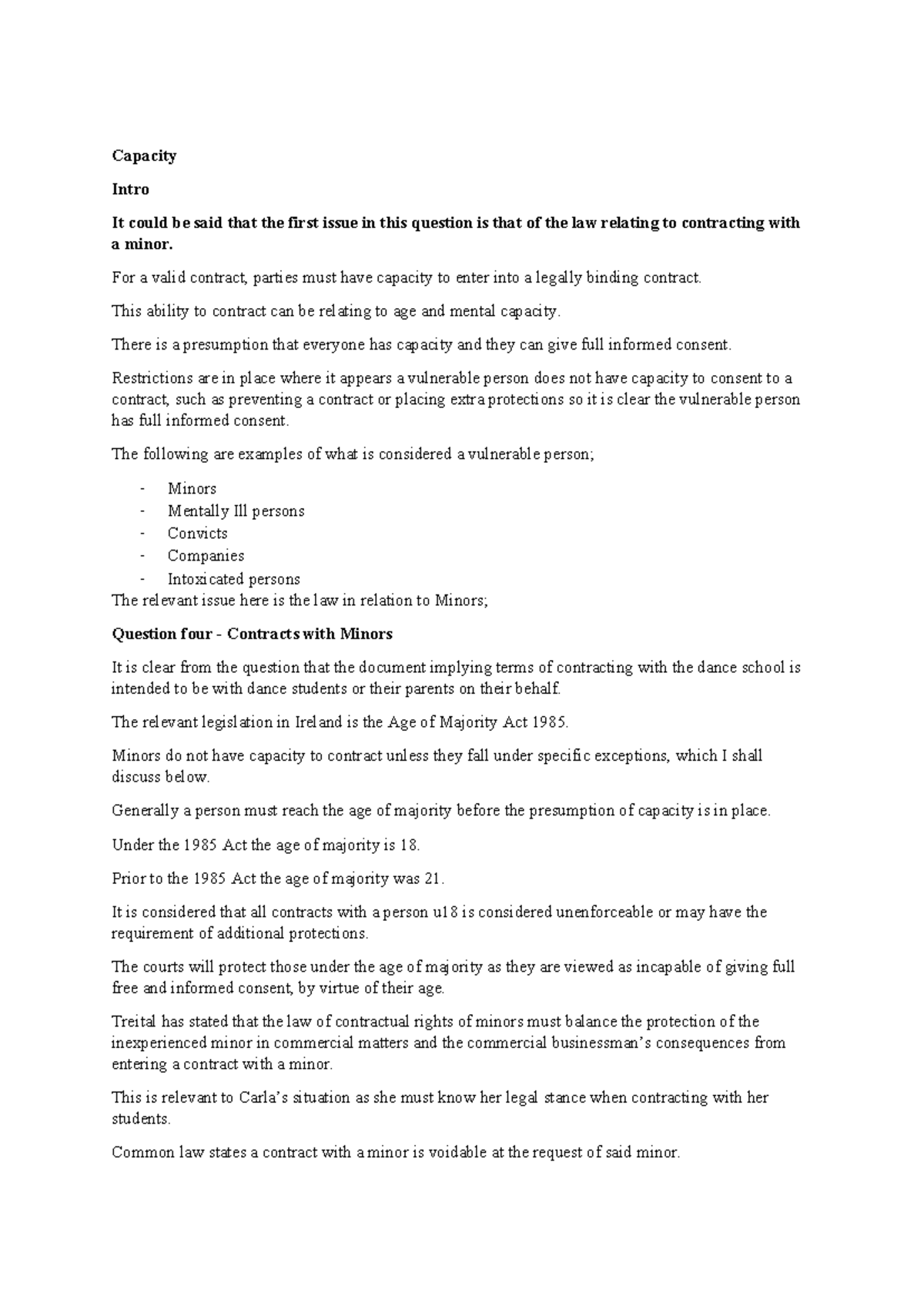 Contract Law FE1 sample exam for uploading - Capacity Intro It could be ...