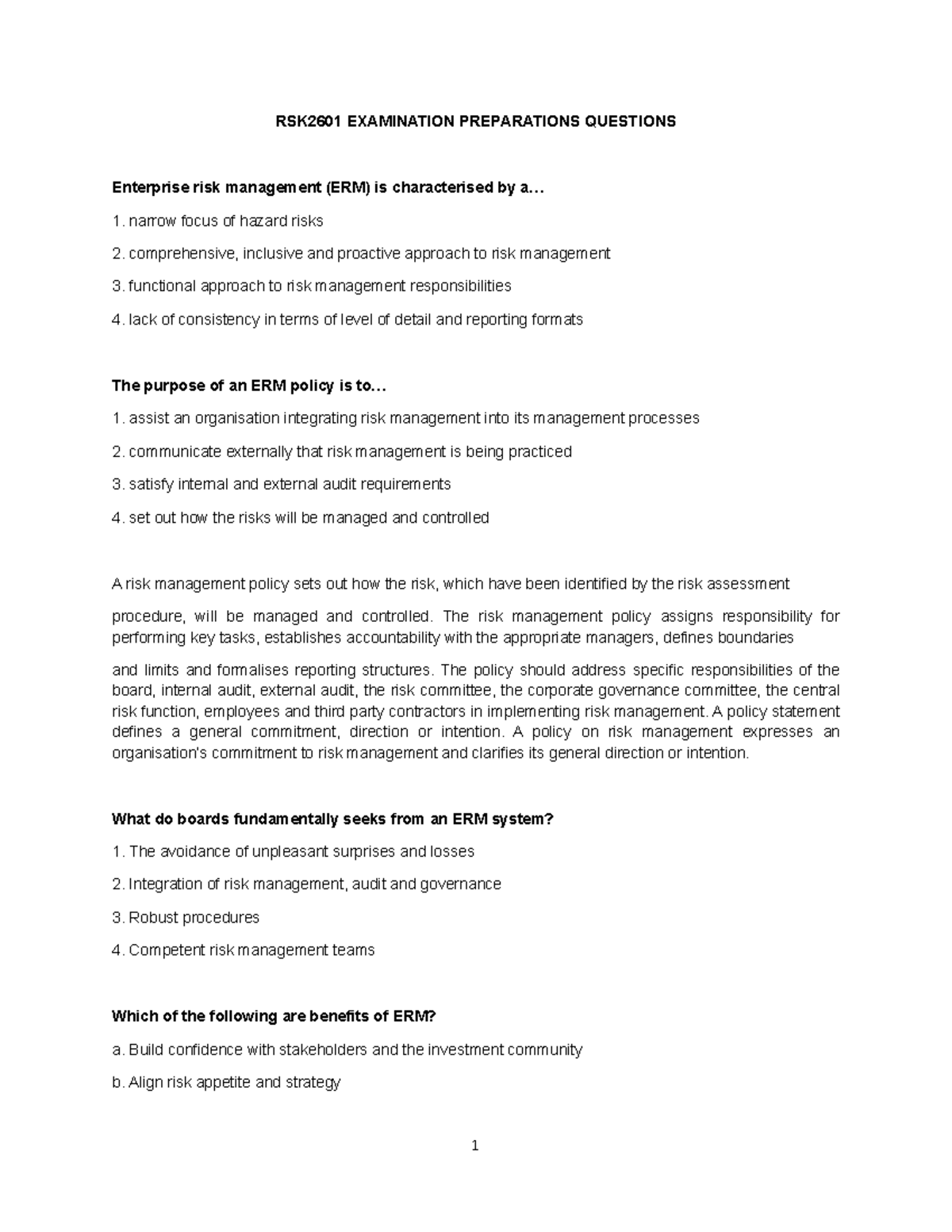 Enterprise risk management 5c5013f13f129d05ab467550041 ccf55 - RSK2601 ...