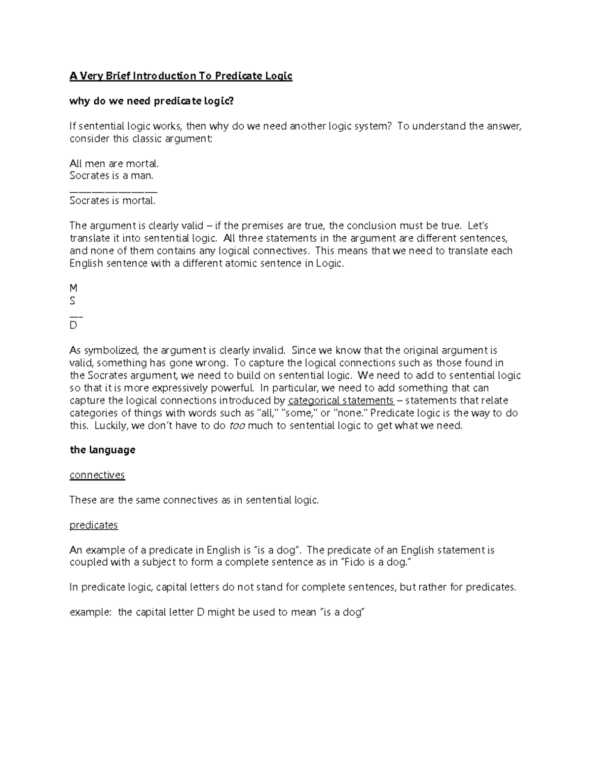 Reading 06 Introduction To Predicate Logic A Very Brief Introduction To Predicate Logic Why Do 6055