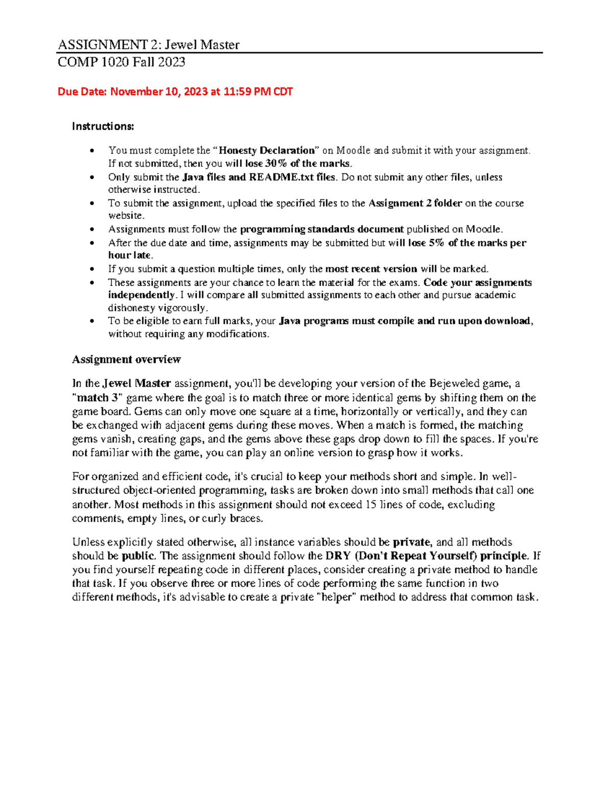 COMP1020 A2 Jewel Master - COMP 1020 Fall 2023 Due Date: November 10, 202 3 at 11:59 PM CDT ...