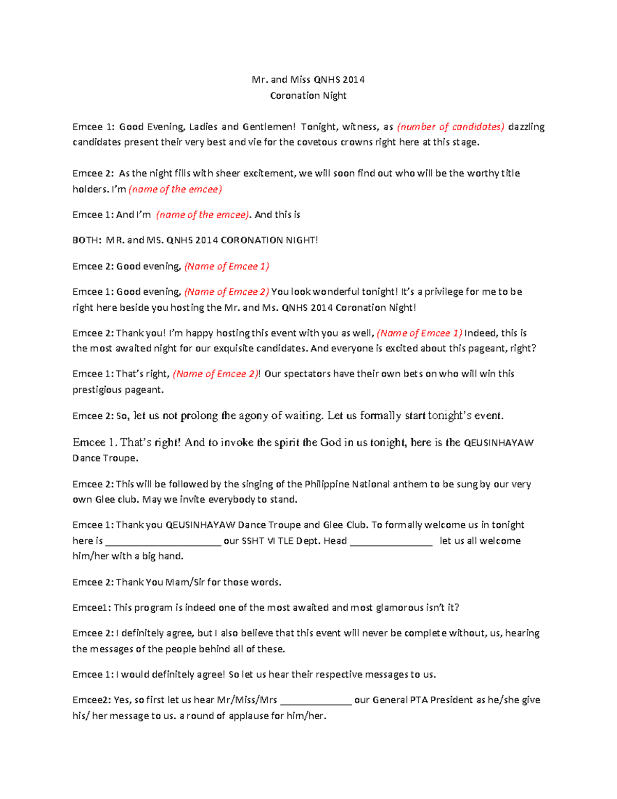 Emcee Script for Pageant - Mr. and Miss QNHS 2014 Coronation Night ...