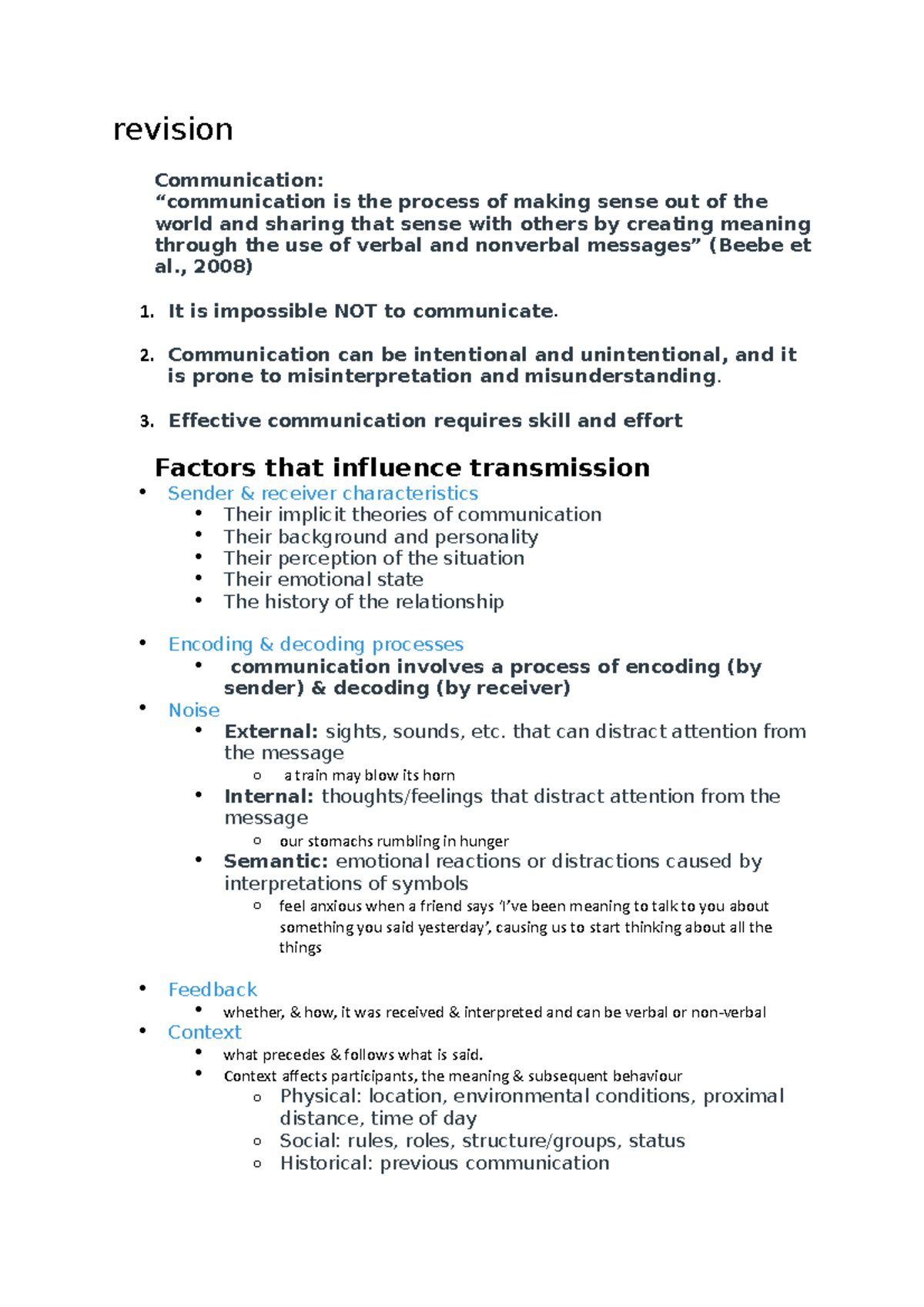 1008 notes - revision Communication: “communication is the process of ...