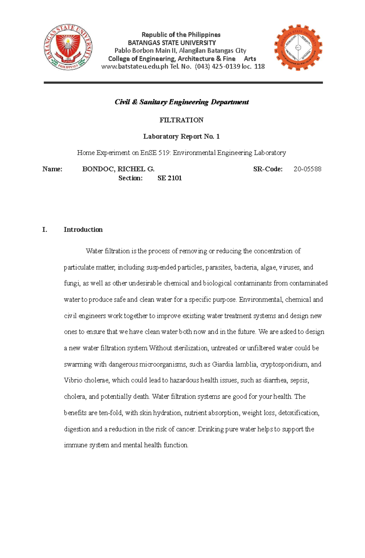Environmental and Sanitary Chemistry San Chem Lab Report Format - Civil ...