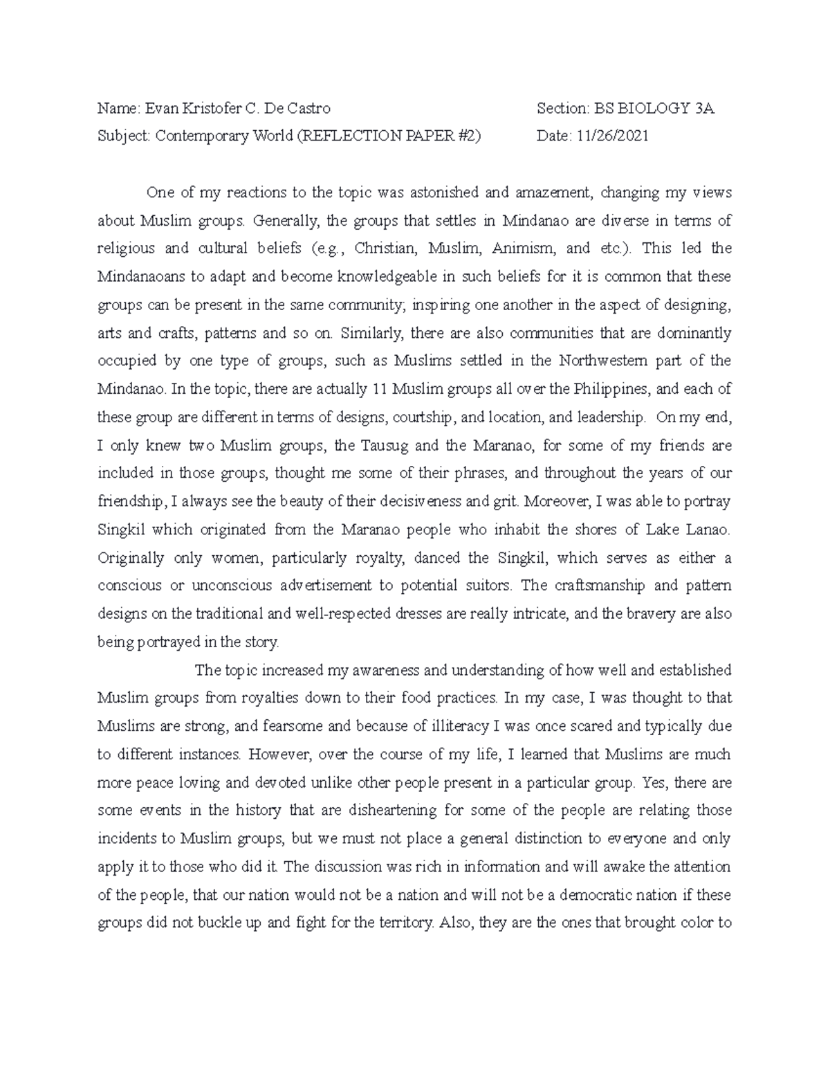 GE 319 RP2 - Cultural diversity in Mindanao, Philippines - Name: Evan ...