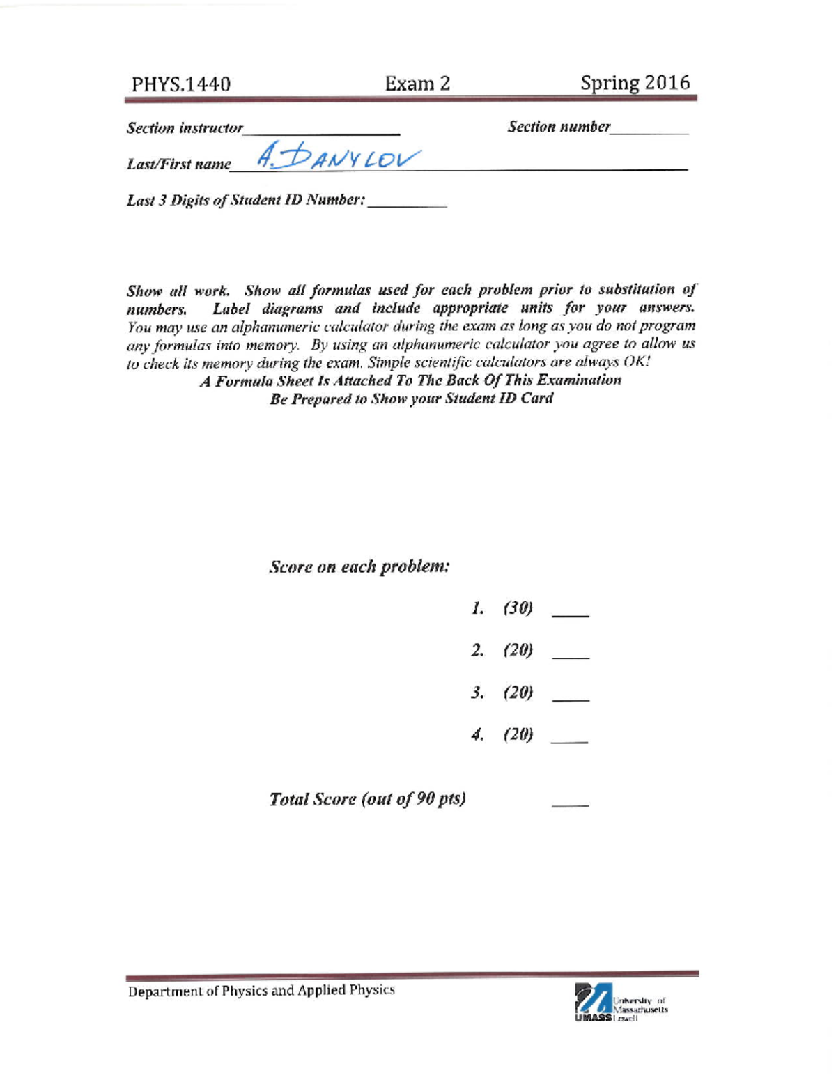 Physics 2016 exam 2 - PHYS.1410 - UML - Studocu